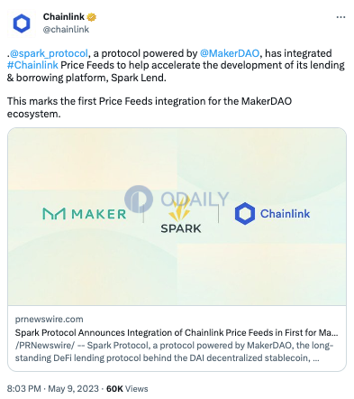 Spark Protocol已集成DAI/USD等Chainlink喂价
