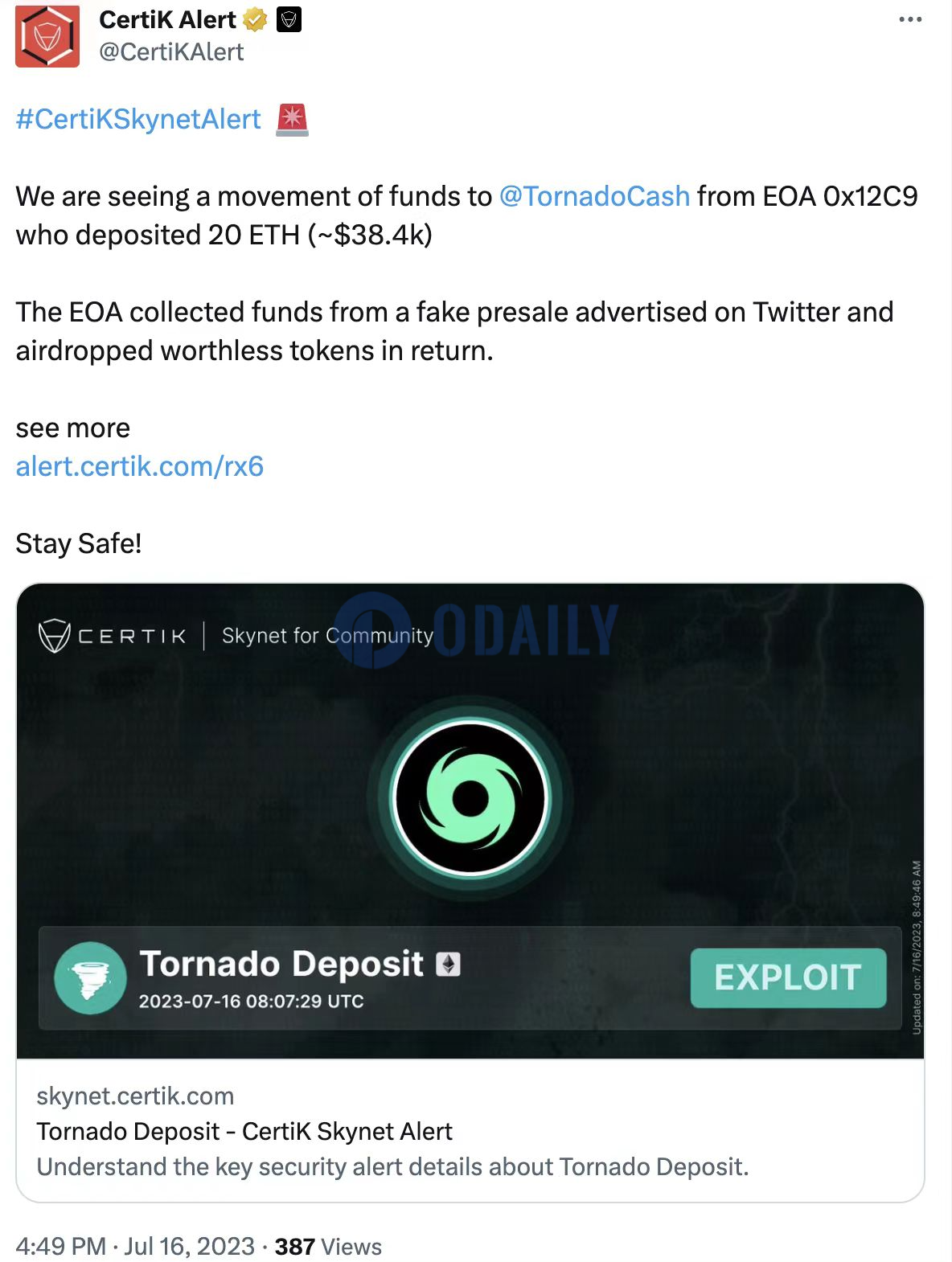 安全团队：EOA地址（0x12C9）将20枚ETH转入Tornado Cash-web3资讯-ODAILY