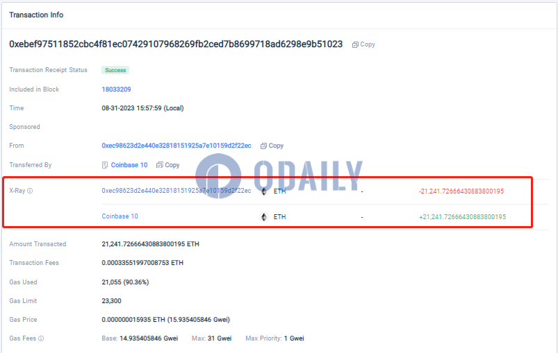 逾2.1万枚ETH从未知钱包地址转入Coinbase-web3资讯-ODAILY