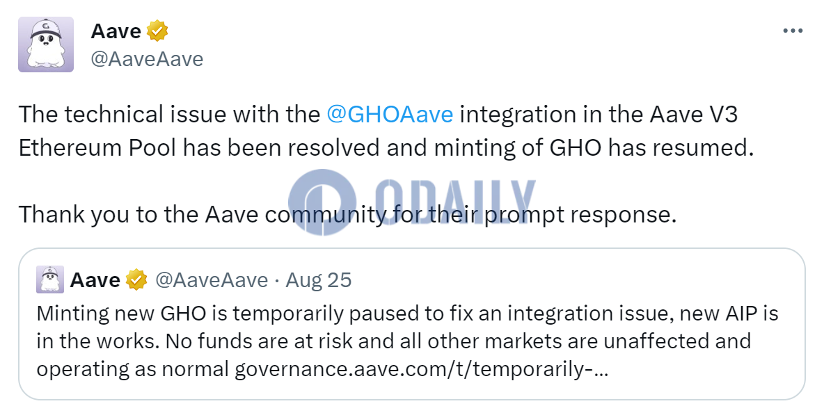 Aave：GHO借贷功能已恢复，技术问题已解决