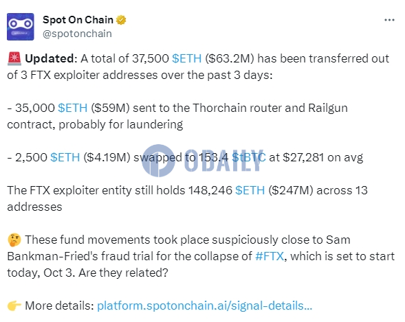 FTX攻击者过去三日累计转出3.75万枚ETH