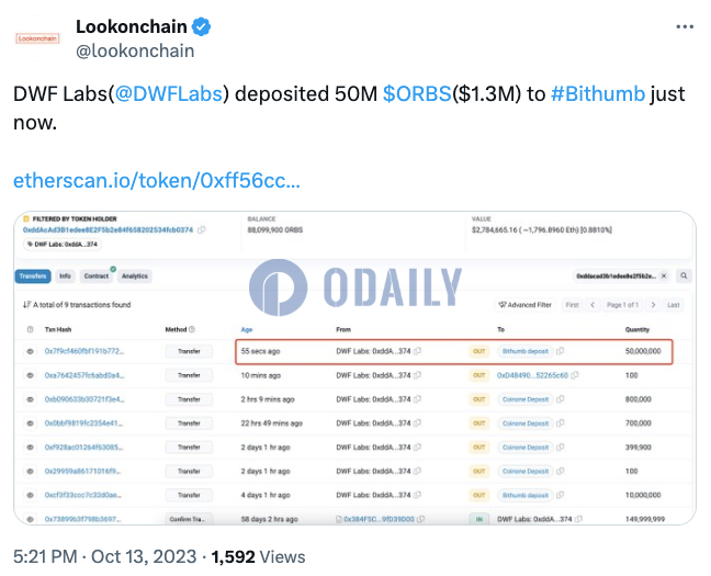 DWF Labs向Bithumb存入5000万枚ORBS-web3资讯-ODAILY