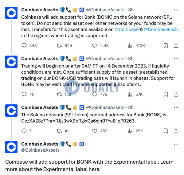 Coinbase将上线Bonk（BONK），并标记为实验性资产-web3资讯-ODAILY