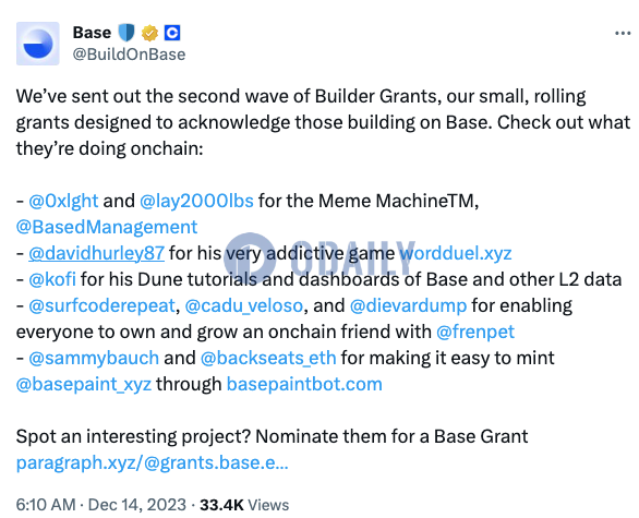Base已发放第二批Builder Grants-web3资讯-ODAILY