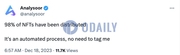 Analysoor：98%NFT已自动分发，将为其他项目提供launchpad服务-web3资讯-ODAILY