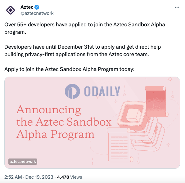 Aztec：超55名开发人员已申请加入Aztec Sandbox Alpha计划-web3资讯-ODAILY