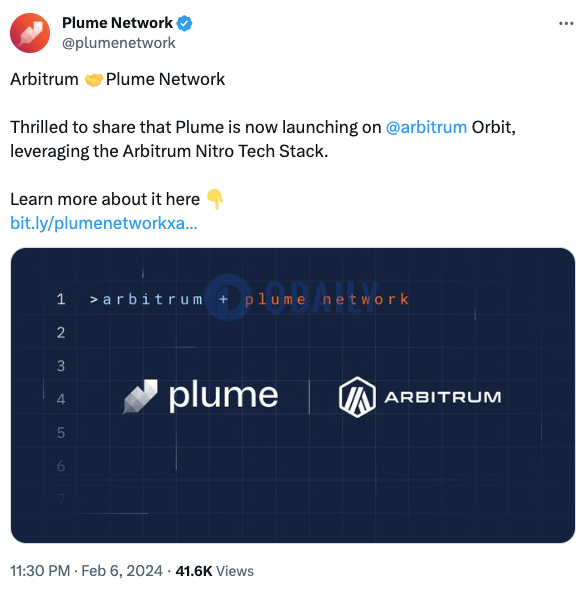 模块化网络Plume宣布在Arbitrum Orbit上线-web3资讯-ODAILY