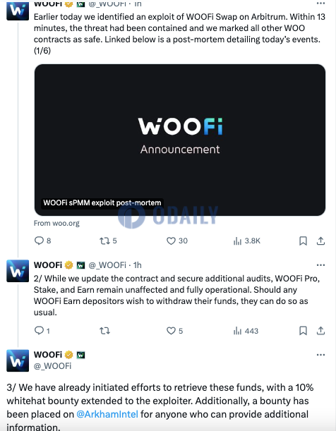 WOOFi：Arbitrum上WOOFi Swap漏洞威胁已得到控制，将向攻击者提供10%白帽赏金-web3资讯-ODAILY