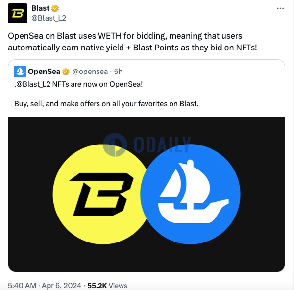 OpenSea上线Blast NFT，支持使用WETH竞价并可获得Blast积分-web3资讯-ODAILY