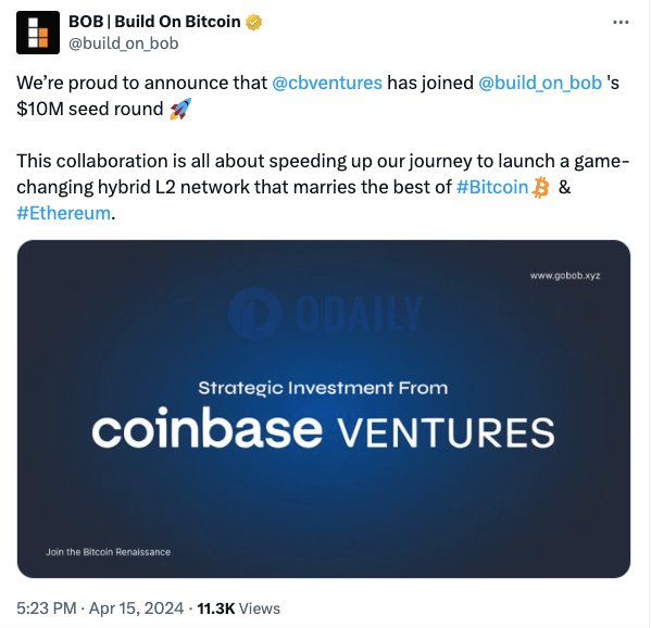 Coinbase Ventures加入比特币L2网络BOB 1000万美元种子轮融资
