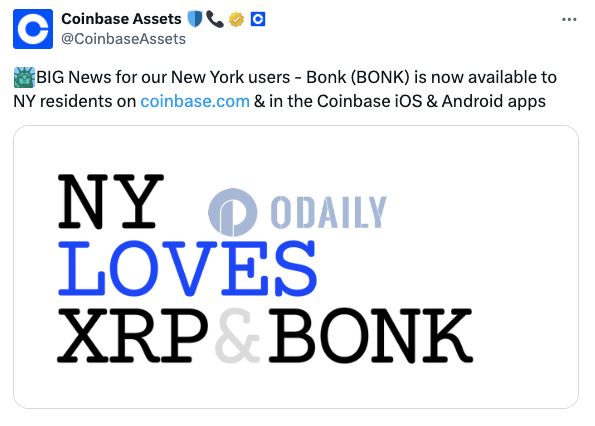 美国纽约州用户现可通过Coinbase交易Bonk（BONK）-web3资讯-ODAILY