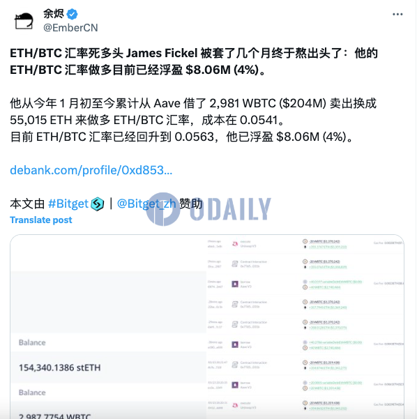 ETH/BTC汇率多头James Fickel已浮盈806万美元