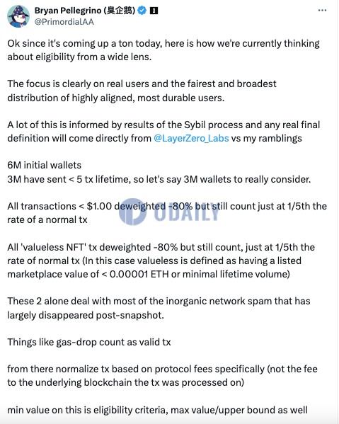 LayerZero CEO ：空投资格标准重点关注真实、持久用户以及公平、最优分配 - Odaily