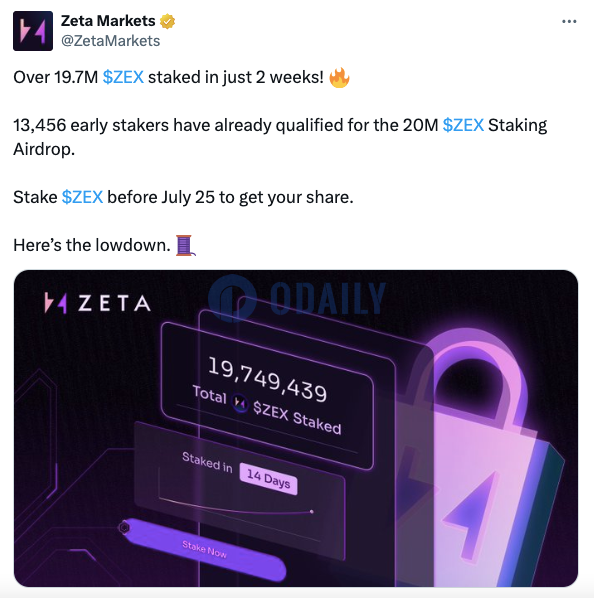 Zeta Markets：已有逾1.3万名用户获得2000万枚ZEX质押空投资格-web3资讯-ODAILY