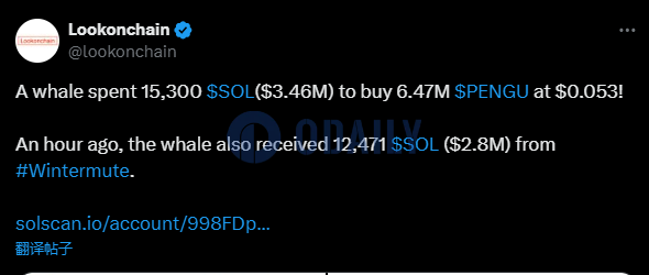 某鲸鱼花费15300枚SOL购买PENGU代币